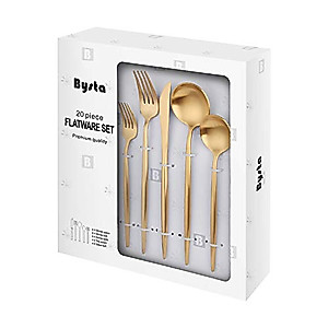 Matte Gold Silverware Set, Bysta 20-piece Stainless Steel Flatware Set Cutlery Set Service For 4, Satin Finish, Dishwasher Safe, Nice Gift Box