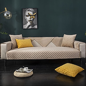 vctops Luxury Velvet Couch Sofa Cover Soft Plush Sectional Couch Covers Plaid Nonslip Sofa Slipcover for Dogs Cats Pet Love Seat Recliner Leather L Shaped, Armrest Backrest Cover (Camel,28"x47")