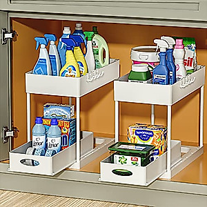 Appolab 2 Pack Under Sink Organizer, Sliding Cabinet Basket Organizer Drawers, Under Sink Organizers and Storage Bathroom Kitchen Cabinet Organizer with Hooks The Bottom Drawers Can Be Slid Out, White