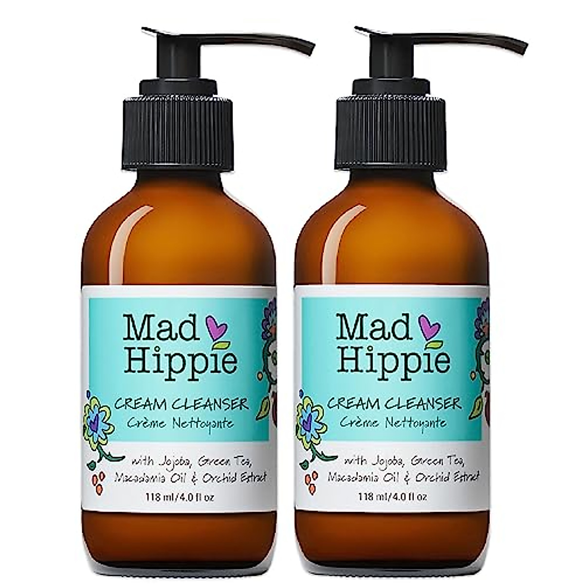 Mad Hippie Cream Cleanser - Hydrating Facial Cleanser with Jojoba Oil, Green Tea, Orchid Extract, and Hyaluronic Acid, Gentle Face Cleanser for Women/Men with Dry, Sensitive Skin, 4 Fl Oz (Pack of 2)