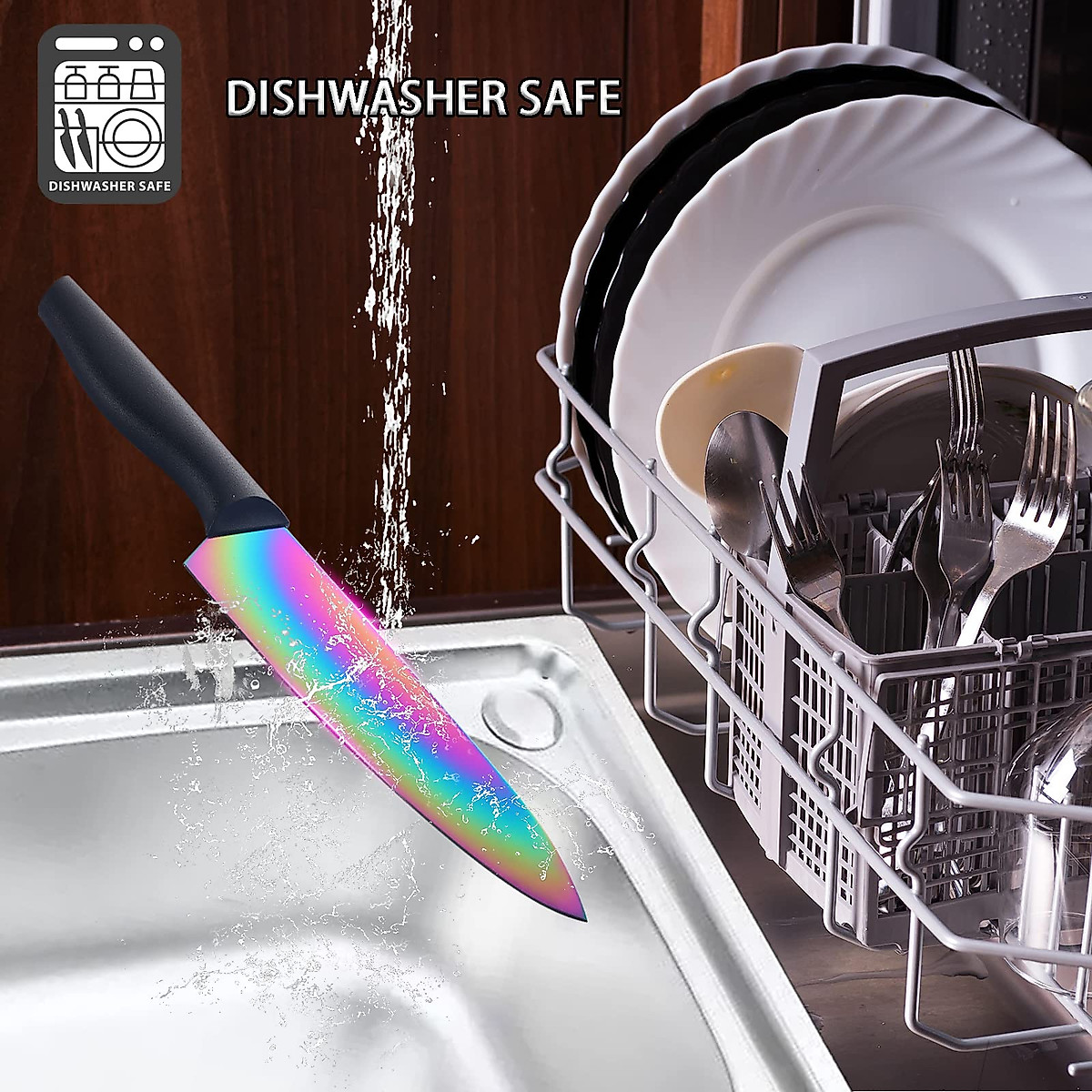 KYA25 Rainbow Color Knife Block Set + KYA52B 7 PCS Stainless Steel Cooking Utensils Sets with Titanium Plated + KYA59 Titanium Coated Stainless Steel Long Handle Spoons