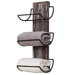 MyGift Wall Mounted 3 Tiered Matte Black Metal Wire Towel Holder for Rolled Towels with Torched Wood Mount Backing, Decorative Hand and Bath Towel Storage Rack, Set of 2