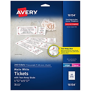 Avery Tickets with Tear-Away Stubs, 1.75" x 5.5", Matte White, Pack of 200 (16154)