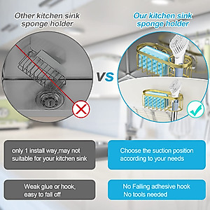 Yazoni 2-in-1 Sponge Holder for Kitchen Sink, Suction Cup Sponge Rack Kitchen Sink Caddy, No Drill Rustproof Kitchen Sink Organizer for Place Dishwashing Brush Soap and Sponge (Gold)