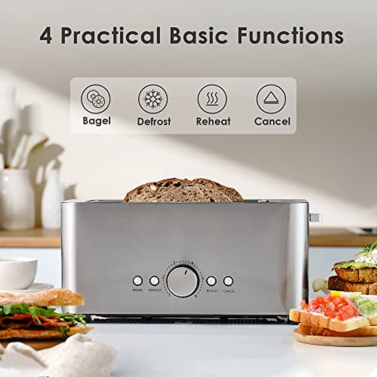 REDMOND Toaster 4 Slice, Stainless Steel Toaster With Bagel, Defrost, Reheat Function, Extra Wide Slots Long Slot Toaster, 6 Browning Settings and Removable Crumb Tray, Silver