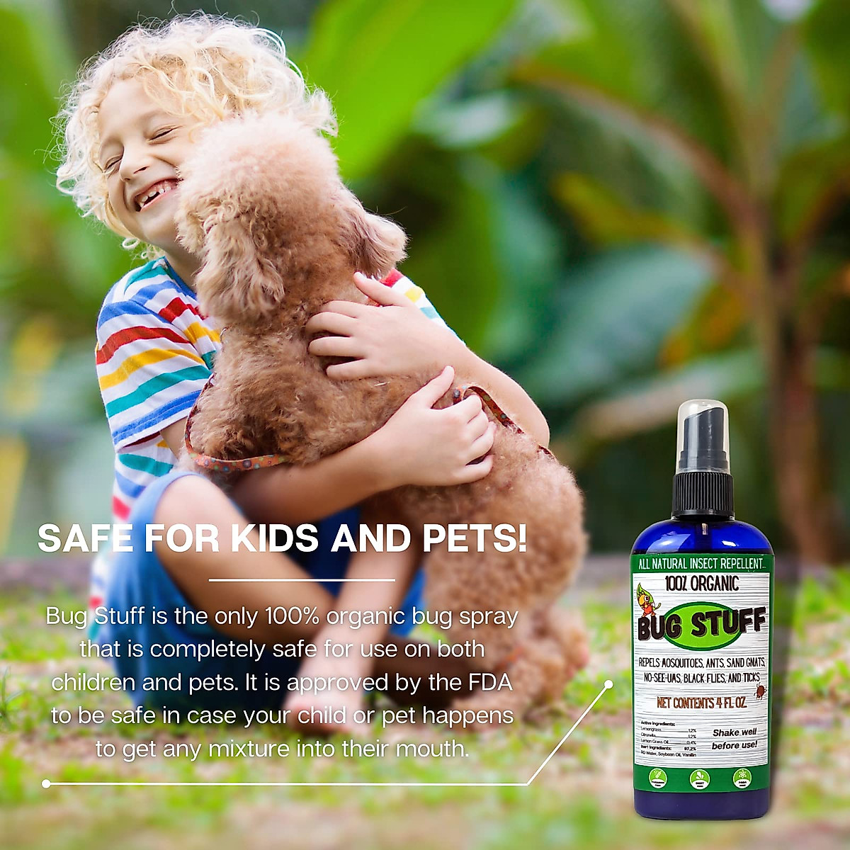 Bug Stuff All Natural Bug Spray | Keeps All Flying & Biting Insects Away | Bug Spray for Children & Pets | Made from 100% Organic Ingredients | 4 FL OZ Spray Bottle