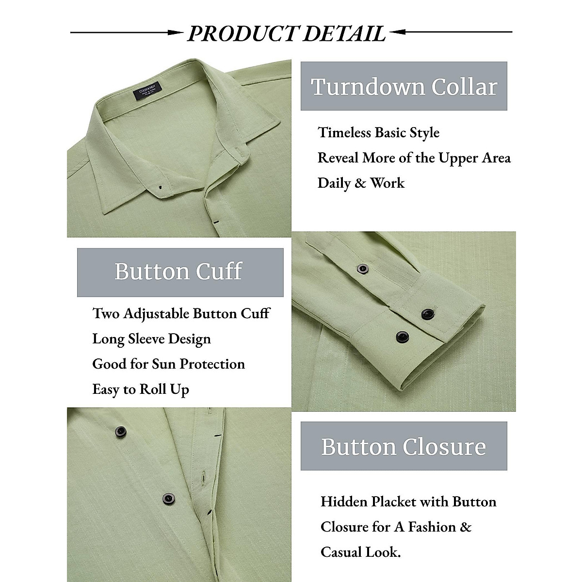 COOFANDY Men's Beach Shirt Button Up Shirts Casual Long Sleeve Slim Fit Summer Shirts Light Green