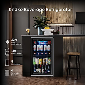 Kndko Mini Beverage Refrigerator and Cooler - 130 Can Mini Fridge with Glass Door, Digital Temperature Control, LED Light, Reversible Door, Perfect for Home, Office, Bar, and Game Room - 3.2 Cu.Ft