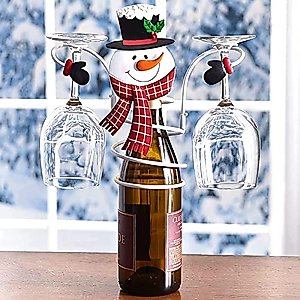 Christmas Holiday Wine Bottle Glass Holders, Christmas Decoration Racks, Snowman Santa Gnome Organizer Rack, 1 Wine Bottle and 2 Glasses Home Kitchen Desktop (Snowman)