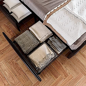 Allewie Upholstered Full Size Platform Bed Frame with 4 Storage Drawers and Headboard, Diamond Stitched Button Tufted, Mattress Foundation with Wooden Slats Support, No Box Spring Needed, Black Brown