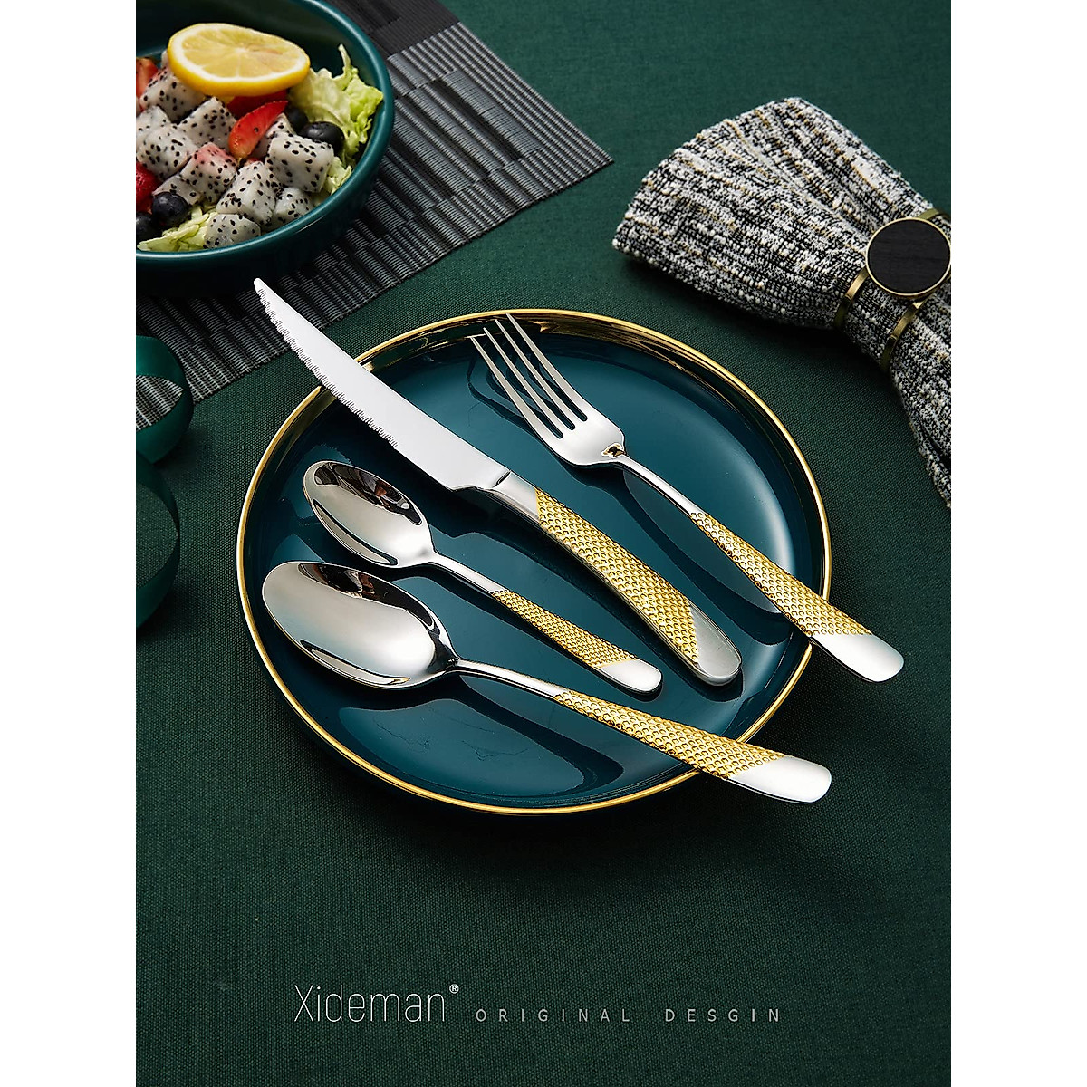 Xideman 16 Piece Hammered Silver Gold Silverware Set, Modern Golden 18/10 Stainless Steel Flatware Set, Kitchen Utensil Set Service for 4, Tableware Set, Cutlery Set, Knives Forks Spoons Set