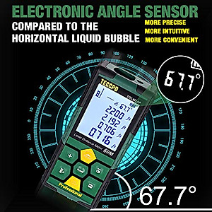 Laser Measure Rechargeable, TECCPO Laser Distance Meter 196ft, 99 Sets Data Storage, Electronic Angle Sensor, 2.25' LCD Backlit, Mute Function, Measure Distance, Area, Volume, Pythagoras - TDLM10P
