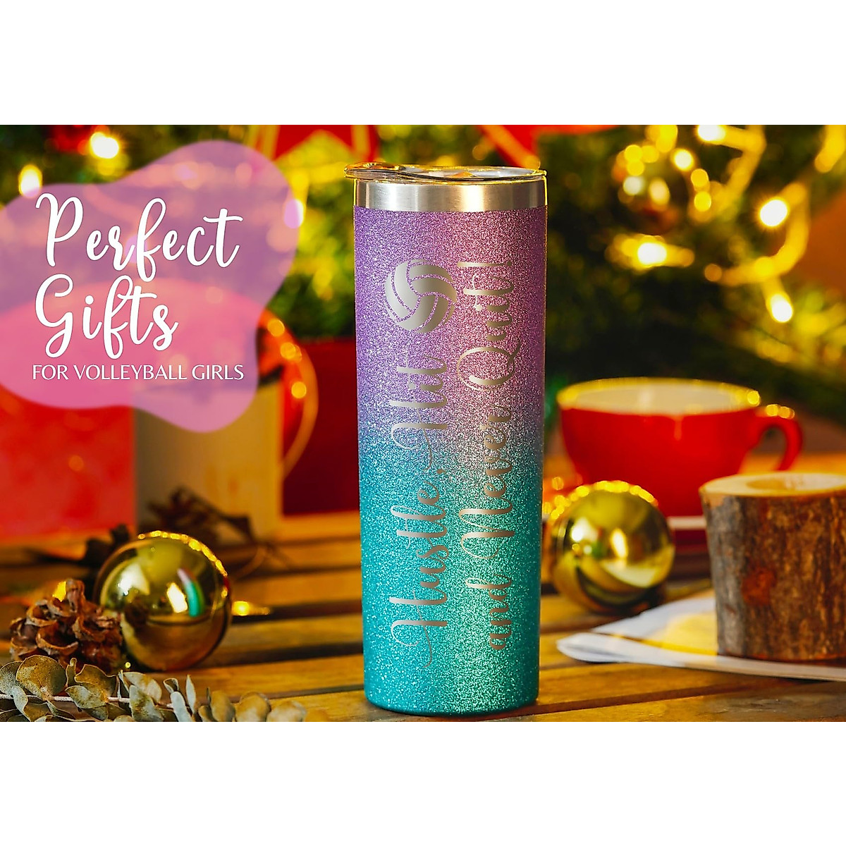 Onebttl Volleyball Gifts for Teen Girls & Team, Stainless Steel Kids Volleyball Tumbler, Double Wall Vacuum Insulated Bottle with Lid and Straw 20oz - Never Quit (Glitter Purple Blue)