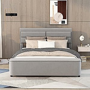 Lepfun Queen Size Upholstered Bed with Storage Headboard and Footboard, Velvet Queen Platform Bed Frame, Wood Support Legs, No Box Spring Needed (Grey)