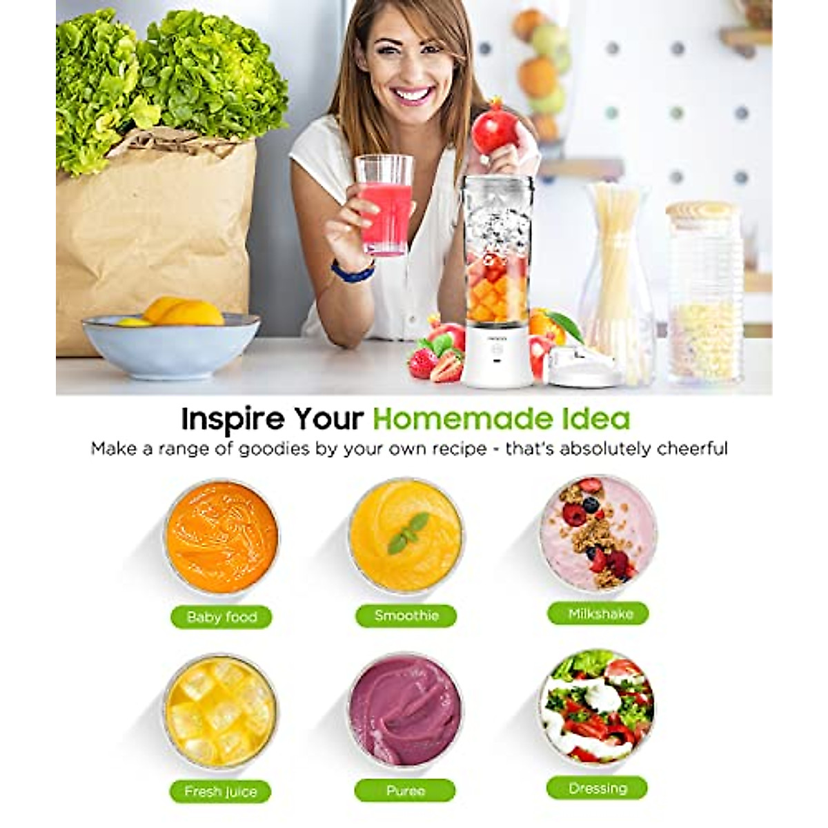 ＭoKo Portable Blender, 270 Watt Personal Blender for Shakes and Smoothies,21OZ Personal Blender USB Rechargeable with 6 Blades, BRA Free, Smoothie Blender for Kitchen Sports Travel and Outdoors,White