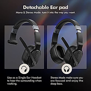 COSMUSIS Bluetooth Headphones Over-Ear, Wireless Headsets Bluetooth Earphones w/Deep Bass, 35Hrs Playtime, Detachable Earpad Single/Dual Mode for Office/Home, Business Headset w/Noise Cancelling Mic