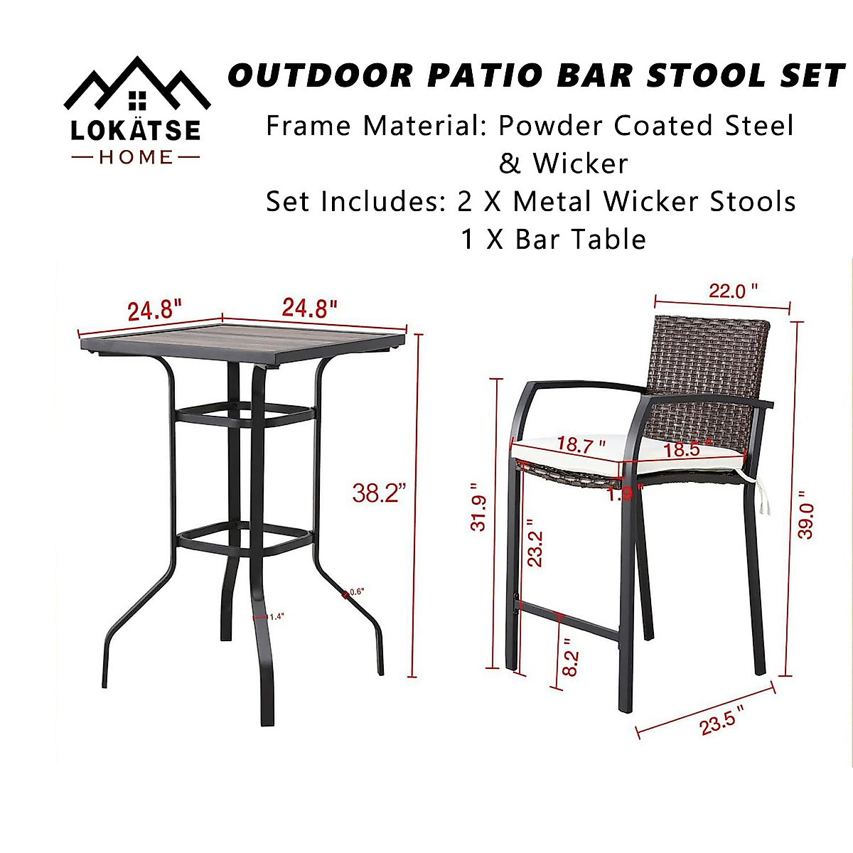 LOKATSE HOME 3 Piece Outdoor Patio Bar Stool Set with High Top Square Table Wicker Conversation Furniture, White