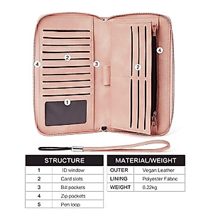 BROMEN Womens Wallet RFID Blocking Large Capacity Wristlet Phone Holder Zip Around Leather Clutch Purse Pink