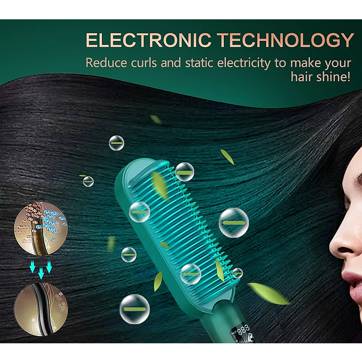 Hair Straightener Brush, Ionic Straightening Brush, Ceramic Hot Comb with LED Display, Anion Generator, 3 Heat Levels, Anti Scald, Fast Heating & Auto Off Safe for Home, Travel and Salon (Green)