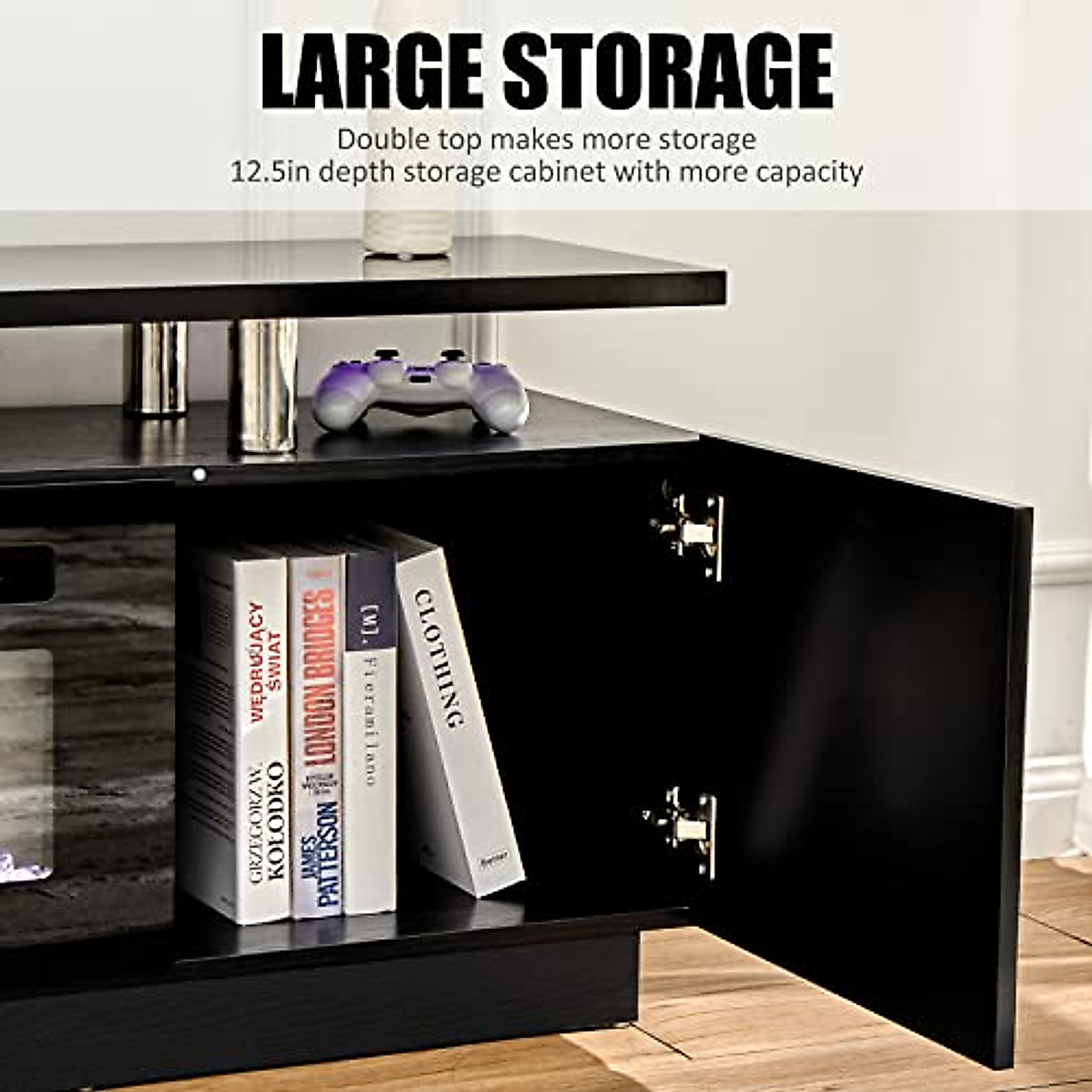 Amerlife Fireplace TV Stand with 36" Fireplace, 70" Modern High Gloss Entertainment Center LED Lights, 2 Tier TV Console Cabinet for TVs Up to 80", Black