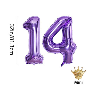 YFHVJTKO 32 Inch Number 14 Gold Crown Balloon Set,14th Celebration Decorations for Happy 14th Birthday Party Wedding Bridal Shower Engagement Photo Shoot Anniversary Decoration, Purple 14 Balloon