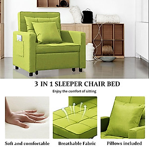 Convertible Chair Bed - Folding Sofa Bed Chair with Adjustable Backrest, 3-in-1 Multi-Functional Pull Out Sleeper Chair Bed Single Armchair Sofa Bed with Side Pocket (Green)