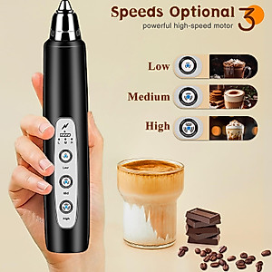 Colarlemo Milk Frother Handheld Rechargeable, Frother Wand Drink Mixer Electric Whisk for Coffee, Detachable With 3 Stainless Whisks, Hand Mixer for Lattes, Cappuccino, Matcha, Egg, No Stand, Black