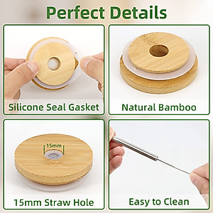 Mason Jar Lids - 12 Pack Mason Lids - Bamboo Wood with Silicone Sealing Rings for Regular Mouth Mason Jar Drinking Straw Lids with 12 Stainless Steel Straws