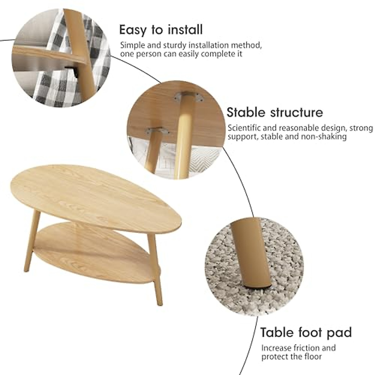 Maupvit Coffee Table-Oval Wood Table with Open Shelving for Storage and Display 2 Tier Sofa Table, Small Modern Furniture Living Room&Home Office-Nature Wood