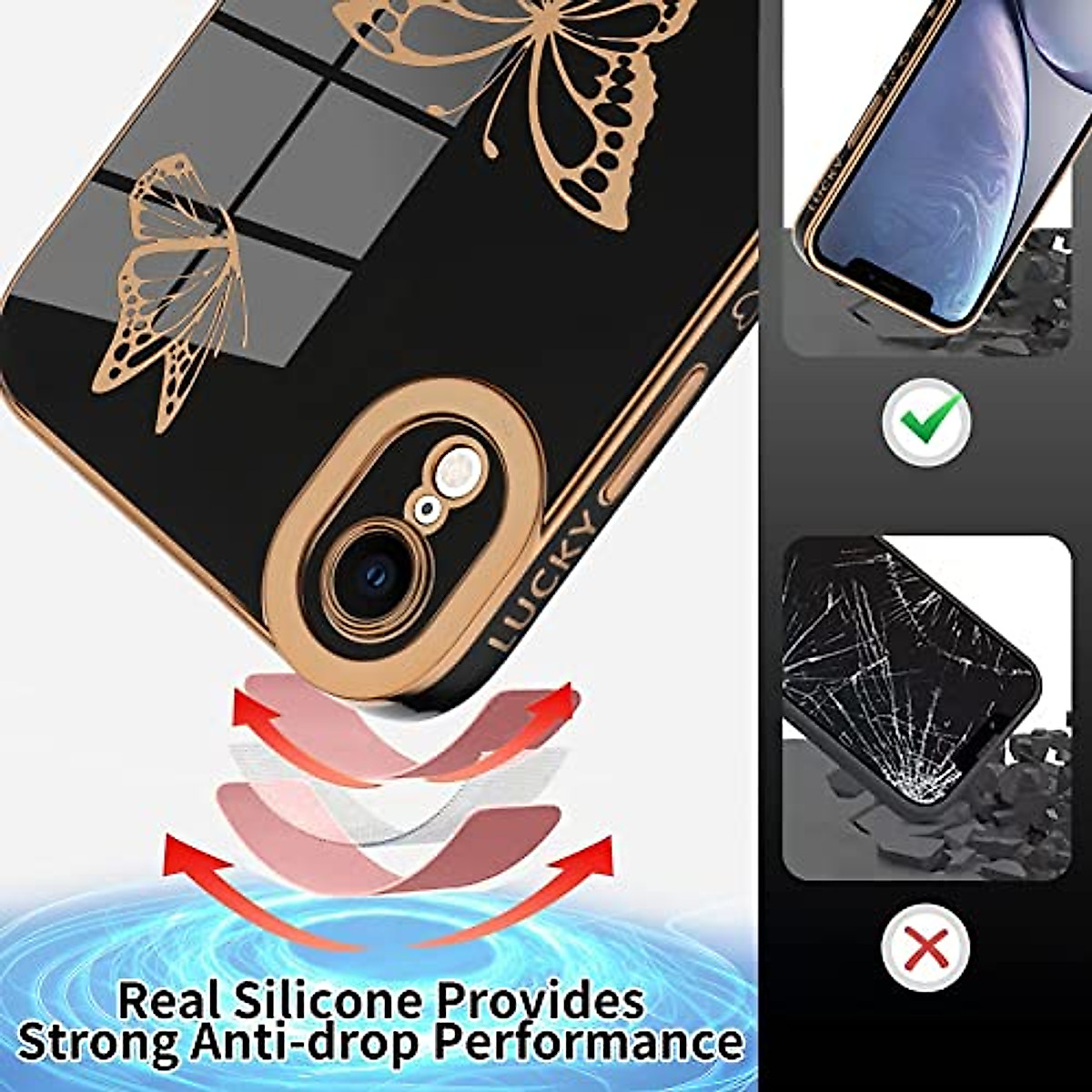 BITOBE Designed for iPhone XR Case Butterflies with Screen Protector for Women Girls,Cute Design Luxury Plating Full Camera Lens Protection Cover for iPhone XR 6.1“-Black