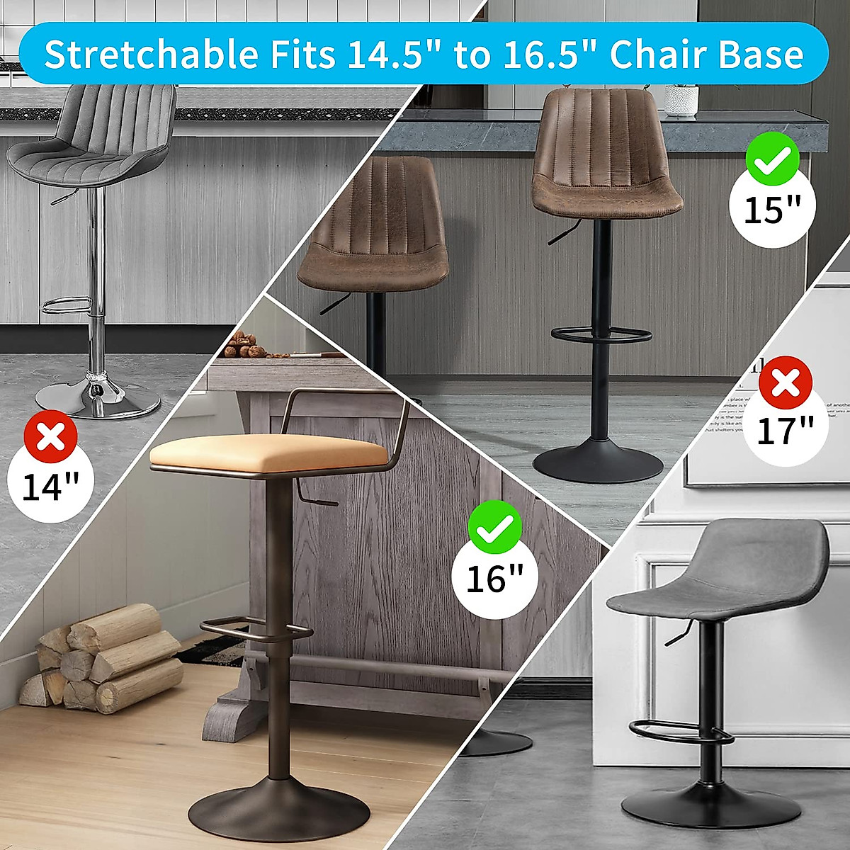 2 Pack Bar Stools Leg Protectors Ring, Non Slip Silicone Chair Leg Floor Protector, Pads Bottom Protect Wooden Floor No Scratches No Noise Anti-slip, Stretchable Fits 14.5" to 16.5" Chair Base, Black