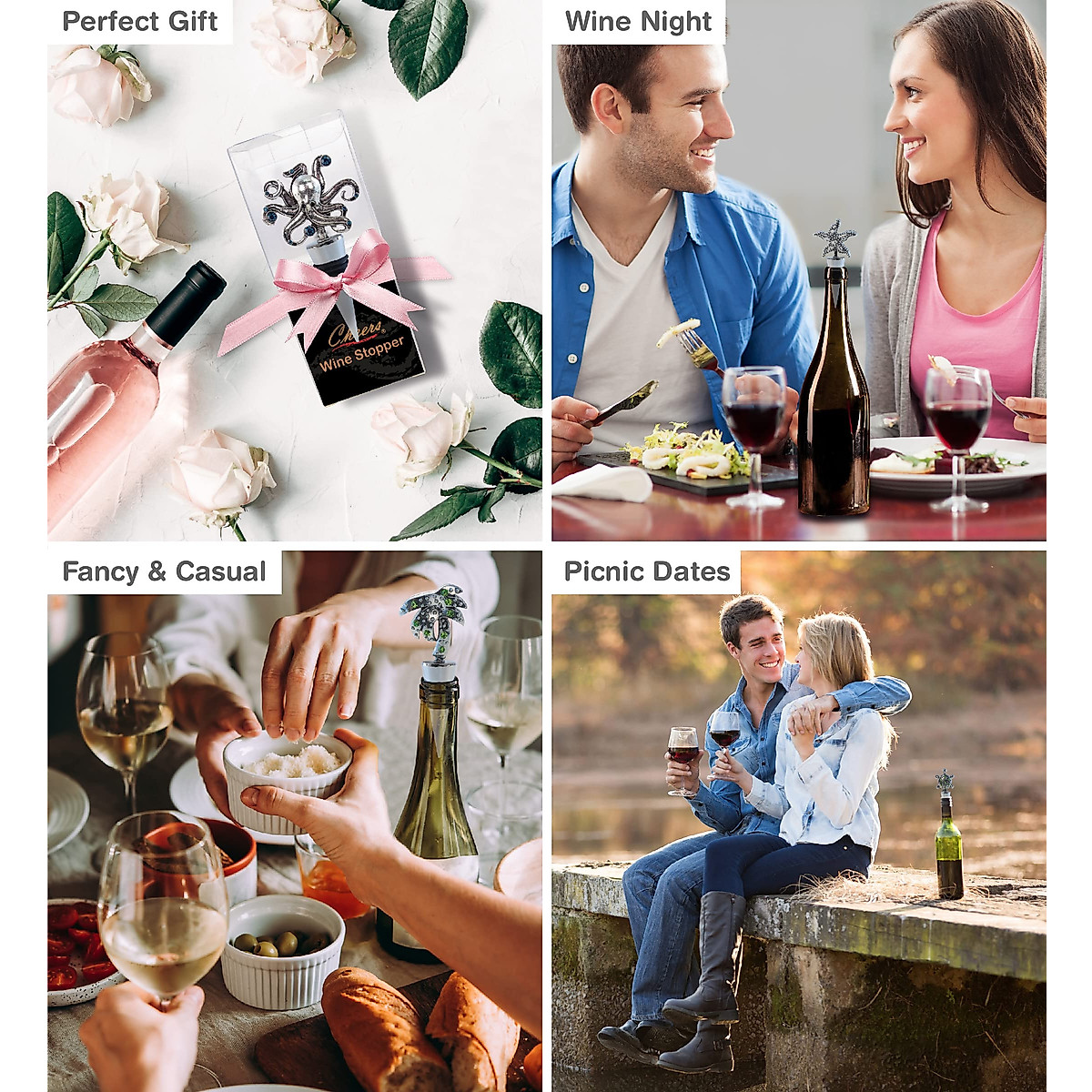 Cheers Sea Turtle, Starfish, Palm Tree, Octopus Metal Wine Stopper Set of 4 – Fun Vacuum Seal Reusable Wine Bottle Stoppers – Airtight Leak Proof Bottle Topper Cork Plug – Home Bar Accessory