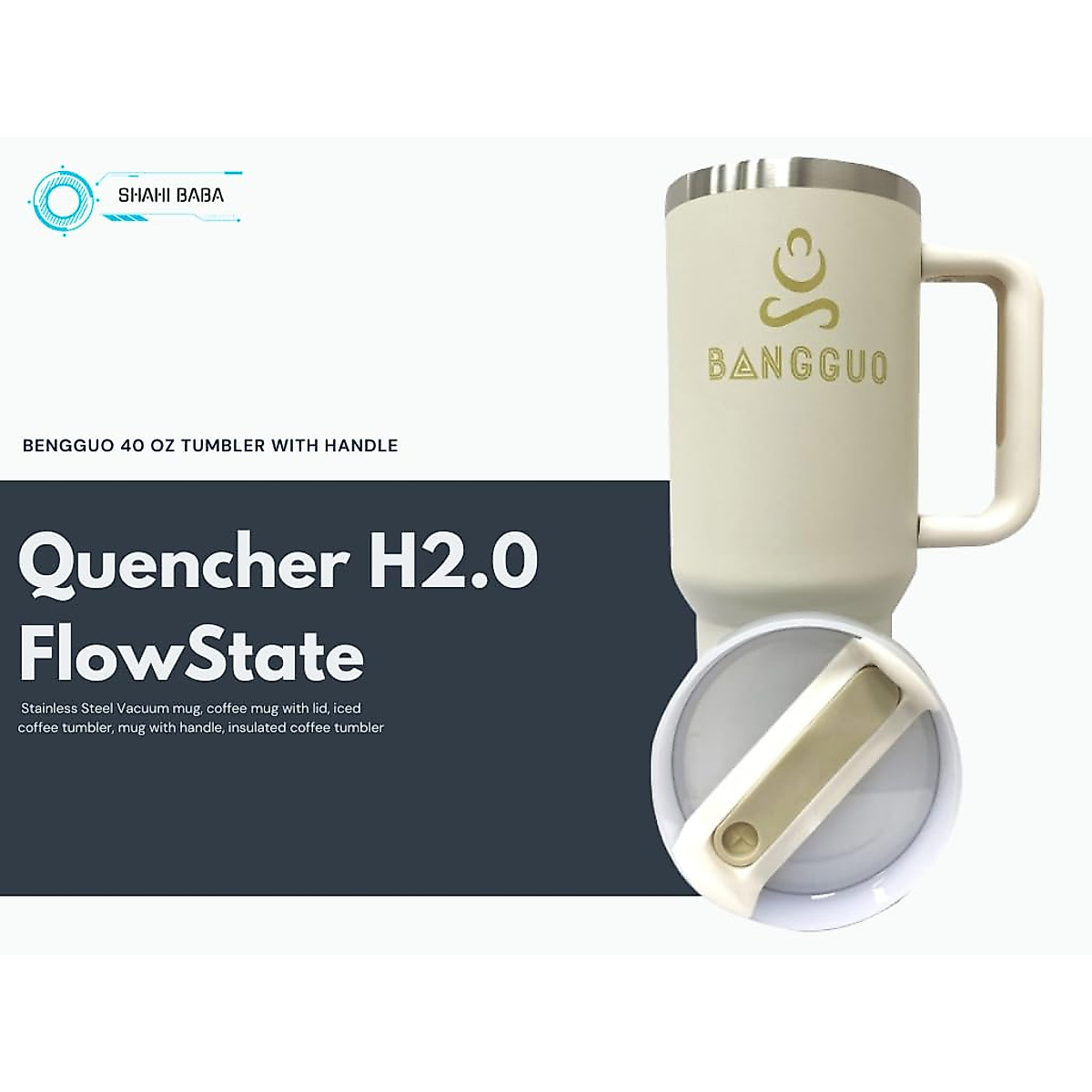 BENGGUO 40 oz tumbler with handle and straw, Quencher H2.0 FlowState, Stainless Steel Vacuum mug, coffee mug with lid, iced coffee tumbler, mug with handle,insulated coffee tumbler