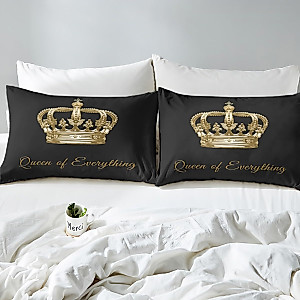 jejeloiu Queen Pattern Bedding Set Kids Crown Printed Comforter Set Modern Comforter for Women Men Room Decor Abstract Art Gold Black Duvet Set Queen Size with 2 Pillow Case