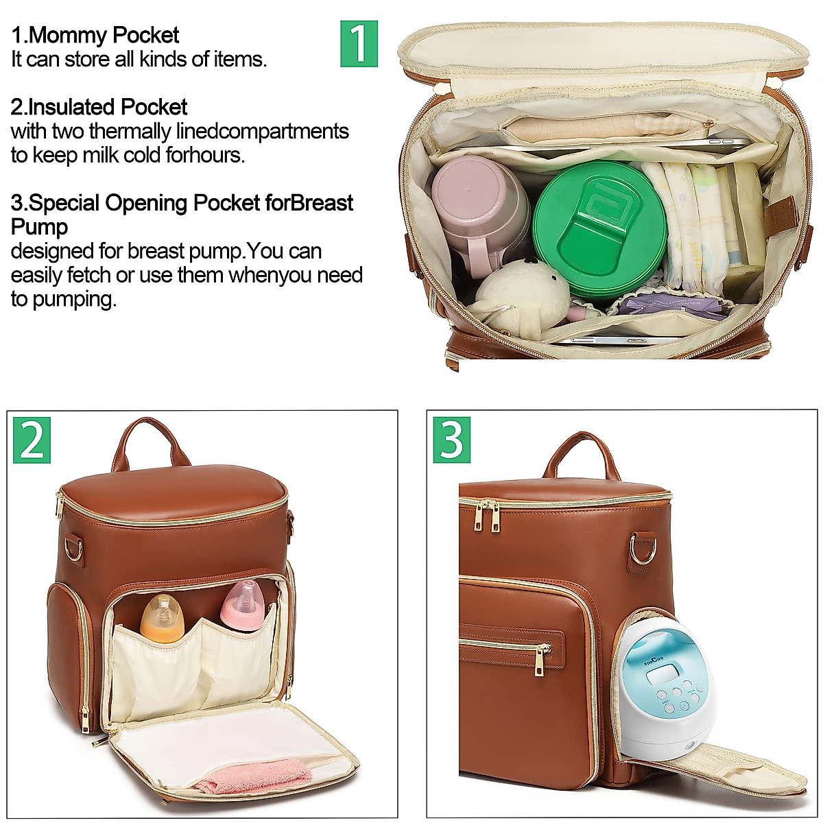 KINDDOG Breast Pump Bag, Diaper Tote Bag with Laptop Sleeve Fit Most Breast Pumps Like Medela, Spectra S1,S2, Evenflo (Brown)