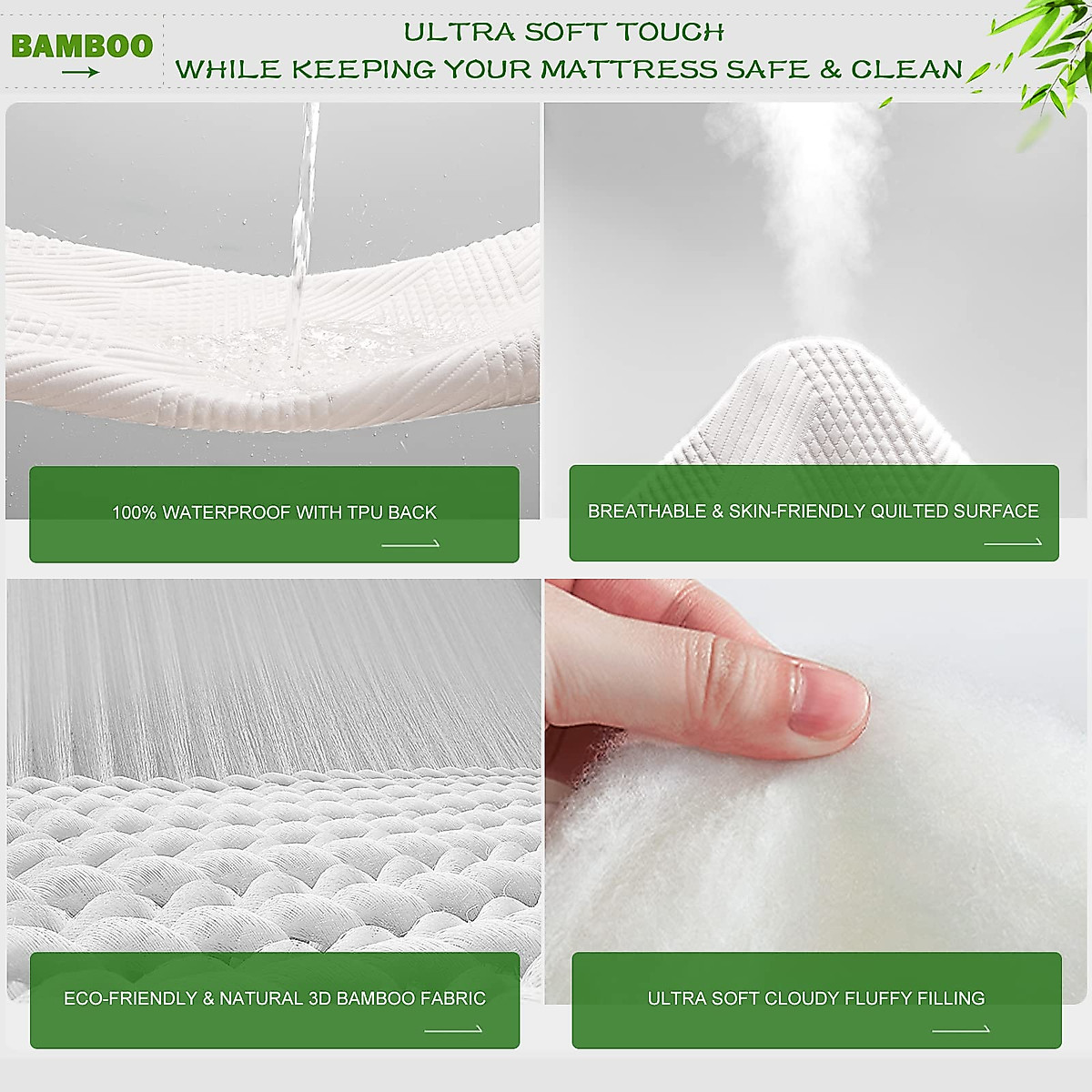GRT King Waterproof Mattress Protector Rayon Bamboo - 3D Air Fiber Cooling Mattress Cover Breathable Ultra Soft, Mattress Pad Noiseless Fits up to 26'' Deep Pocket Washable