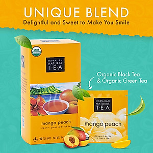 Hawaiian Natural Tea Mango Peach Flavored Organic Tea - Tropical Fruit Green Tea Blend with Black Tea - Perfect Daily Cup & Gift for Tea Lovers - 20 Tea Bags