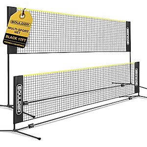 Boulder Badminton Pickleball Net - Height Adjustable Portable Net for Junior Tennis, Kids Volleyball & Soccer, and Backyard Games - Easy Setup Nylon Sports Net with Poles 10 ft/14ft/17ft Wide