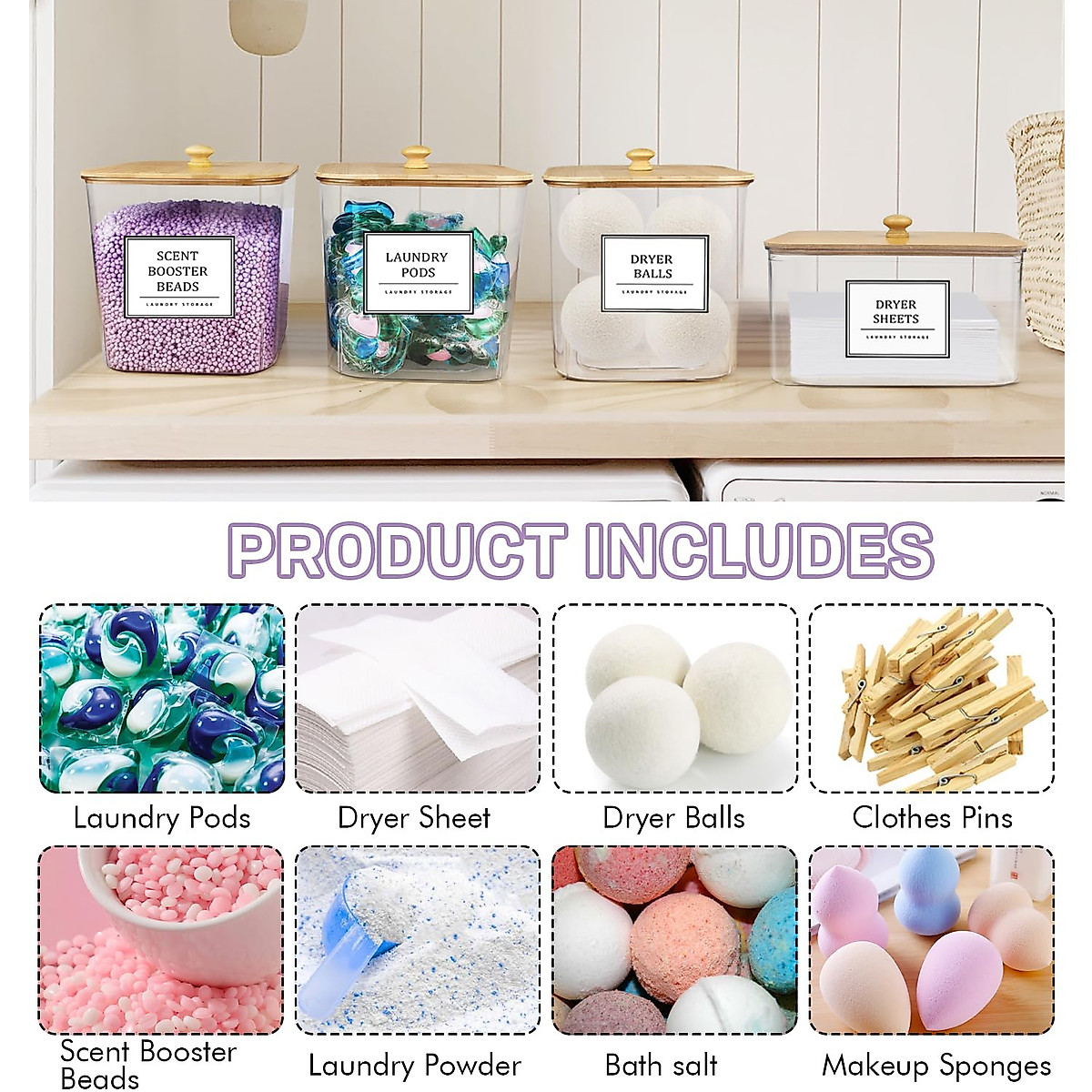 3+1 Pack Laundry Pods Container,Clear Laundry Room Organization Containers,Large Laundry Detergent Powder Storage Containers with Bamboo Lids & Labels,Laundry Pods Holder for Scent Booster,Powder,Pods