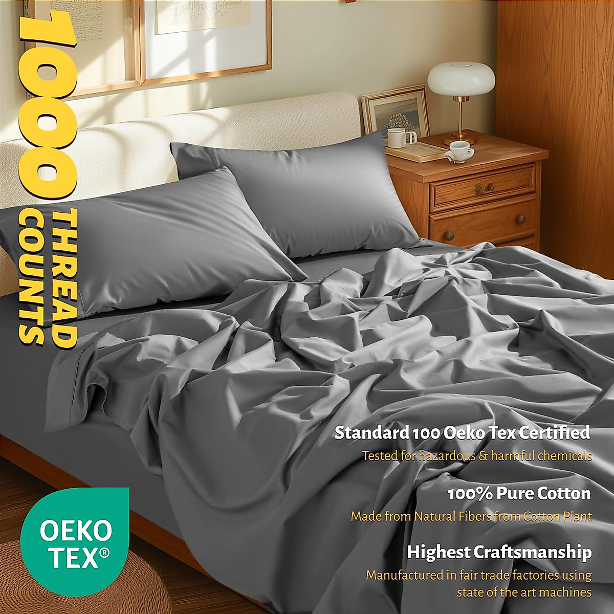 Shilucheng 100% Egyptian Cotton King Size Sheets Set - 1000 Thread Count，Luxury Cotton Bed Sheets，Breathable & Cooling Bedding and Pillow Cases, 16 Inch Deep Pocket - 4 Piece (King, Grey)