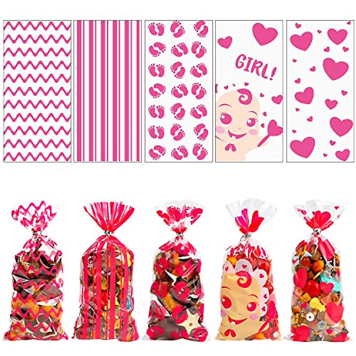 SULOLI Baby Shower Cellophane Bags,120pcs Pink Candy Goodie Bags Gender Reveal Treat Bags with 150 Twist for Baby Shower Party Favor supplies