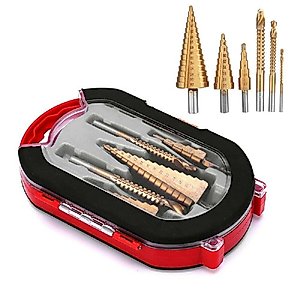MLYZ 6PCS High-Speed Reaming Pagoda Sawtooth Set,Titanium Plating Drill Bit Set with Box,Multiple Hole Stepped Up Bits for DIY (Box)
