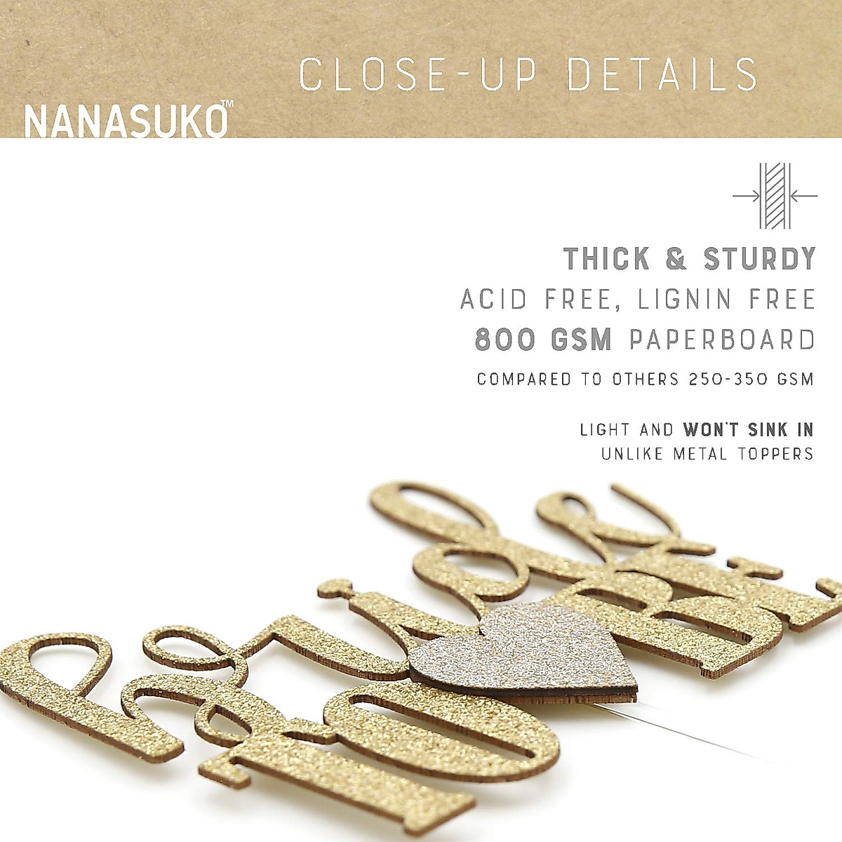 NANASUKO Bridal Shower Cake Topper - bride to be - double sided gold glitter with light gold heart - Premium quality Made in USA