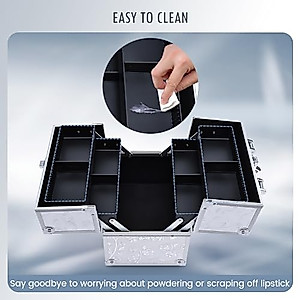 FRENESSA Makeup Train Case Portable Cosmetic Box Organizer 4 Trays Aluminum Makeup Case Storage with Divider Lockable for Makeup Artist, Crafter, Makeup Tools Elagant Silver Rose