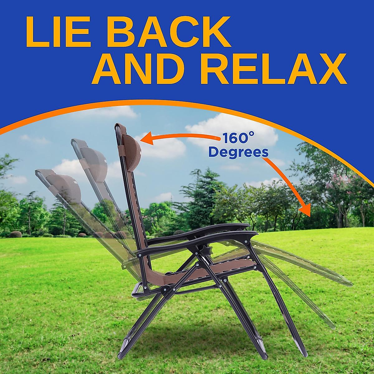 SereneLife Zero Gravity Chairs Set of 2 - Adjustable Steel Mesh Lawn Chairs - Outdoor Lounge Chairs with Detachable Cup Holder Tray - Foldable Outdoor Chair with Removable Pillows - Brown