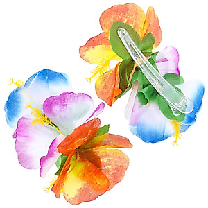 Gejoy 7 Pcs Hawaiian Luau Hula Grass Skirt with Flower Costume Set Flower Bracelet Headband Necklace Hibiscus Hair Clip Women(Red Yellow Green)