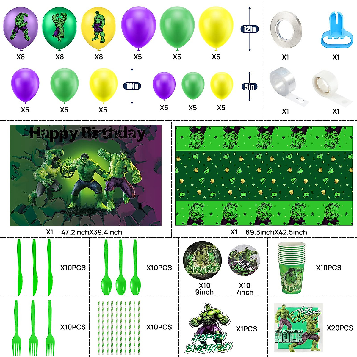 Hulk Birthday Party Supplies Decorations, Hulk Theme Backdrop, Tablecloth Balloons Kit Cups Plates Napkins Tableware Set for Kids Birthday Party Supplies