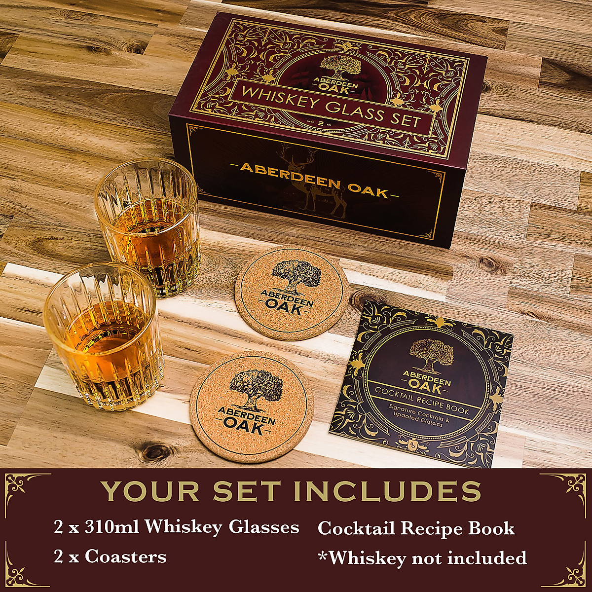 Aberdeen Oak Crystal Whiskey Glasses Set - Timeless Old Fashioned Liquor Glass with Coasters - Perfect for Bourbon & Cocktails, Ideal Gift for Men & Whisky Enthusiasts - 2 Piece Set