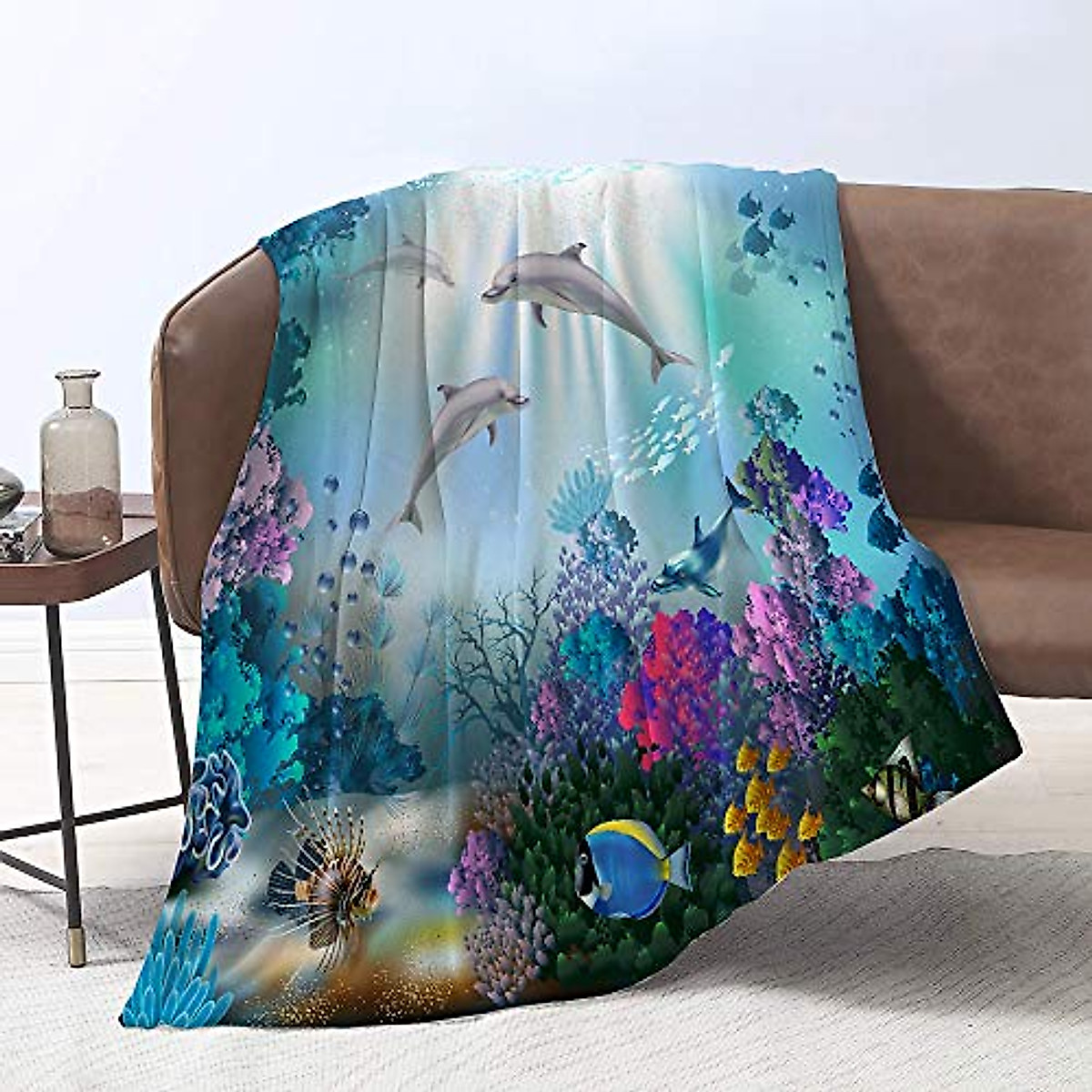 Yunine Lmorey The Underwater World with Dolphins and Plants Throw Blanket Bed Couch Sofa Travelling Camping Super Soft Blanket for Kids Adults 60 x 80 Inches