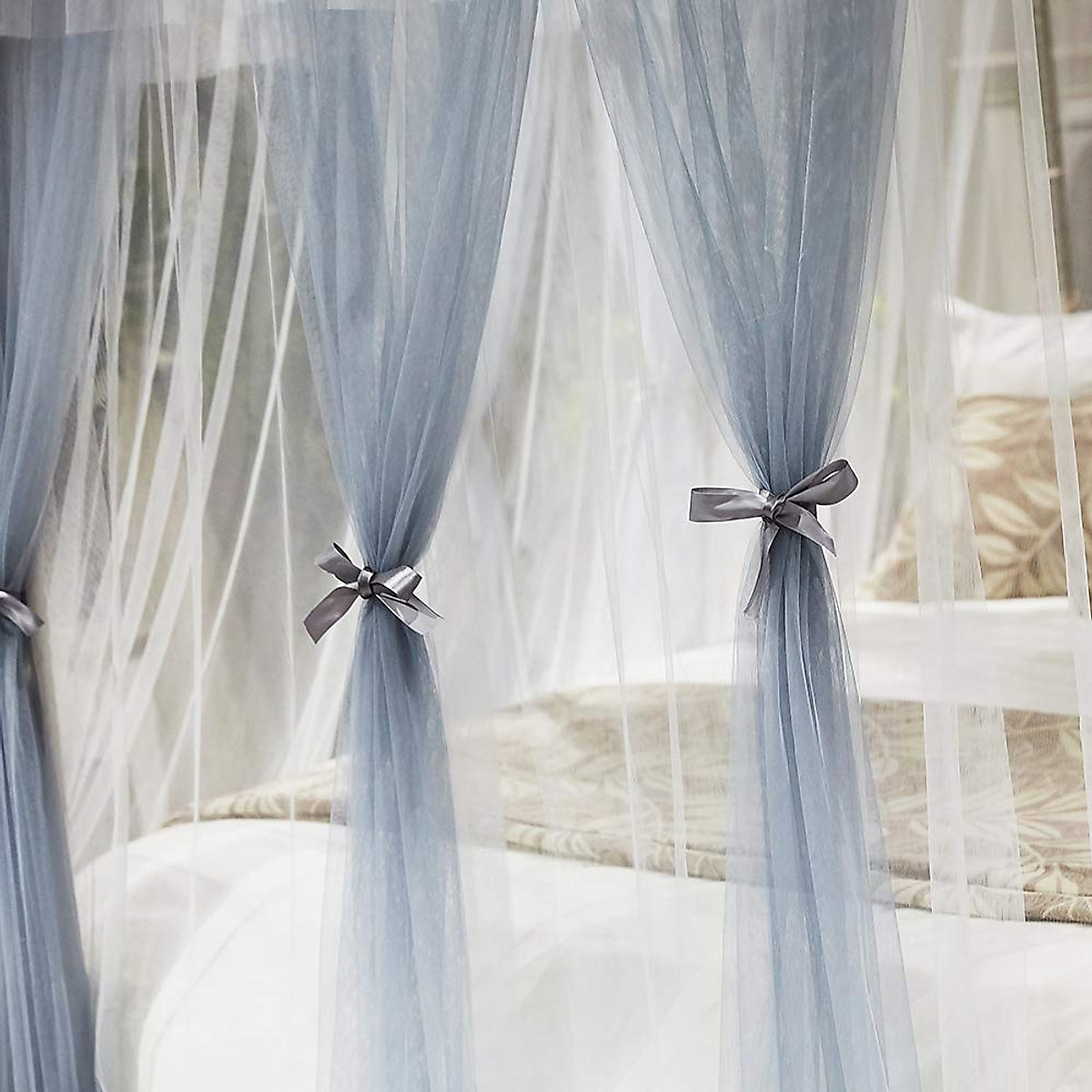 Joyreap Luxury 4 Corners Post Canopy Bed Curtains - Grey & White Cozy Drape Netting - Cute Princess Style Bedroom Decoration Accessories (59" W x 78" L, Full/Queen)